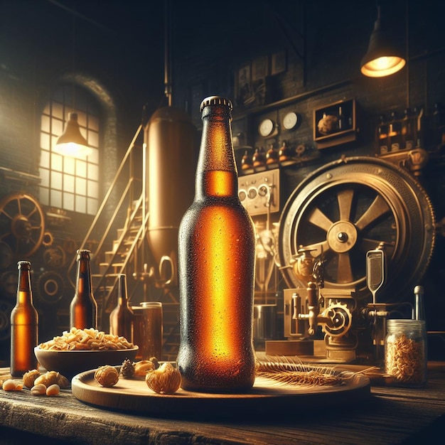 Vintage Brewery Scene with Amber Beer Bottle and Antique Equipment ...