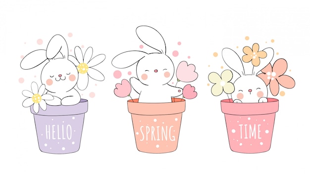 Adorable Spring Bunny Characters in Flower Pots with Text | Jiffy Designs