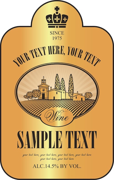 Vintage Vineyard Landscape Wine Label with Crown Emblem | Jiffy Designs