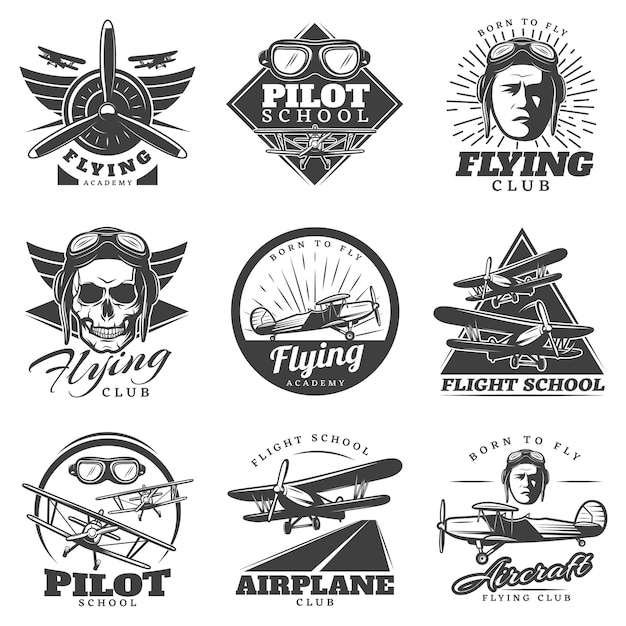 Vintage Aviation Emblems with Pilot and Aircraft Motifs | Jiffy Designs