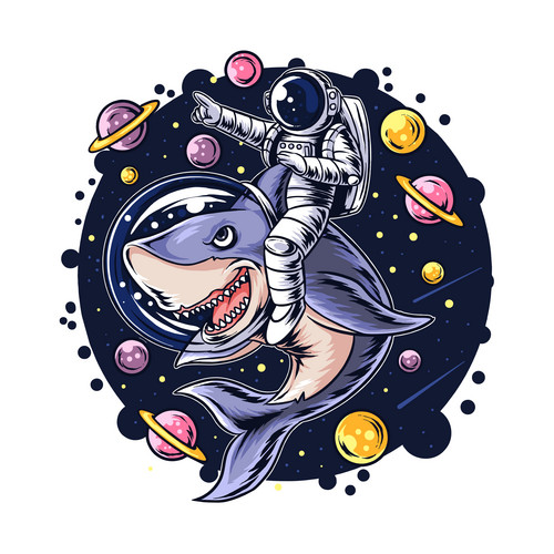 Astronauts Ride A Shark In Space With The Planets | Jiffy Designs