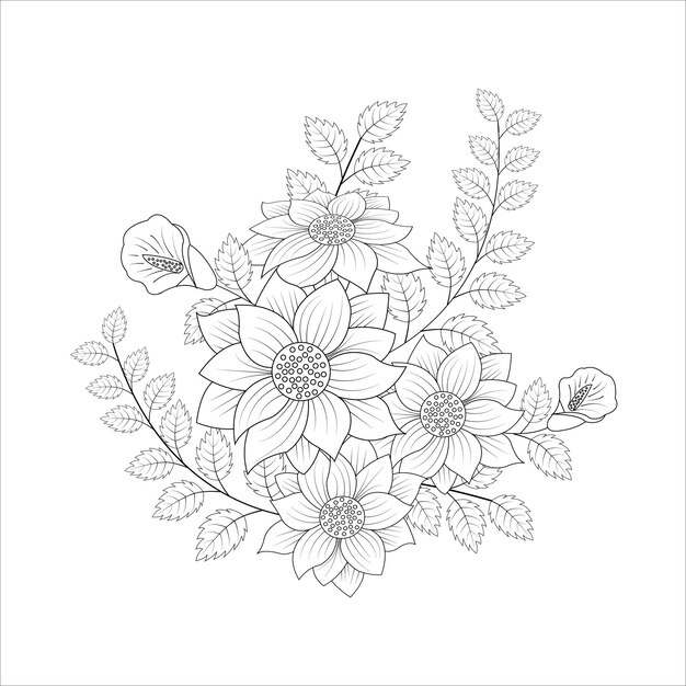 Intricate Floral Bouquet Line Drawing with Delicate Details | Jiffy Designs