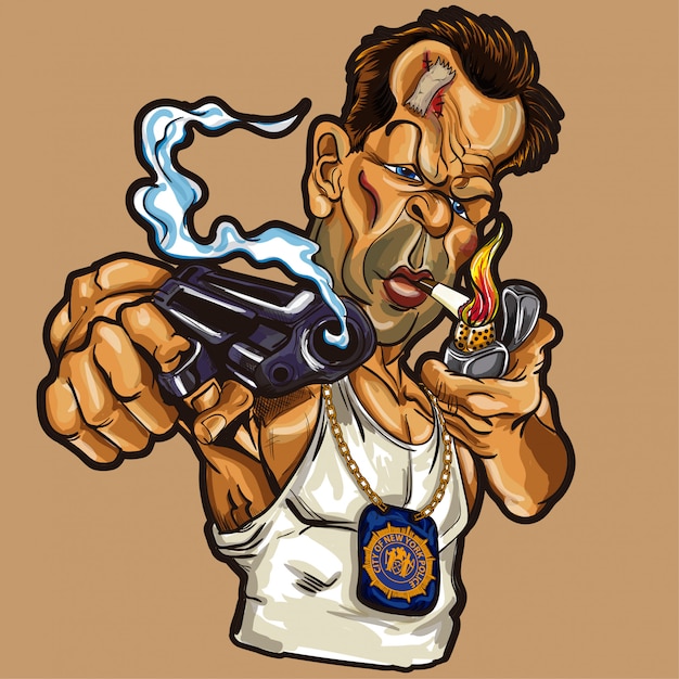 Cop Blowing Smoke, Defiant Gaze in Vibrant Cartoon Style | Jiffy Designs