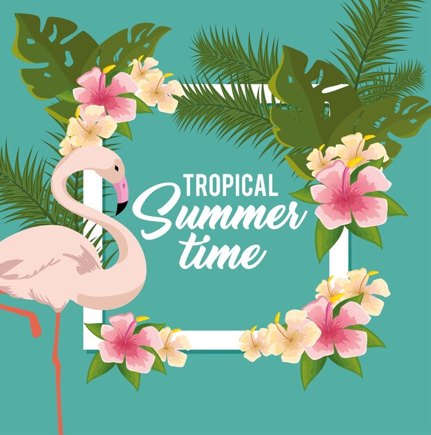 Tropical Summer Flamingo Illustration with Hibiscus Flowers and Palms ...