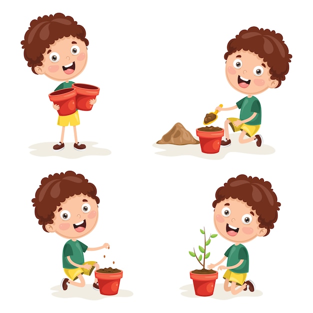 Playful Kids Gardening and Growing Plants Illustration Collection ...