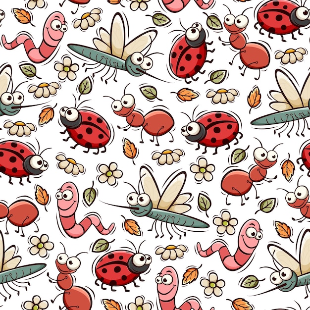 Vibrant Ladybug and Insect Pattern with Whimsical Doodles | Jiffy Designs