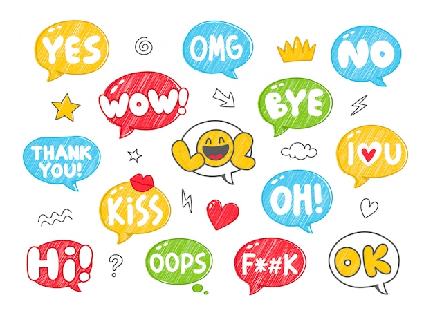 Vibrant Cartoon Speech Bubbles with Expressive Emojis and Phrases ...