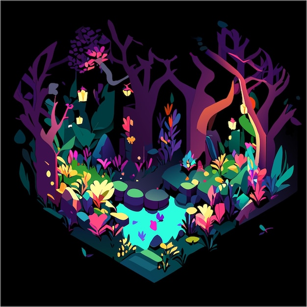 Vibrant Enchanted Forest Landscape with Glowing Lanterns | Jiffy Designs