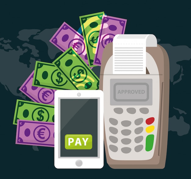 Mobile Payment Concept with Cash and Payment Terminal Illustration ...