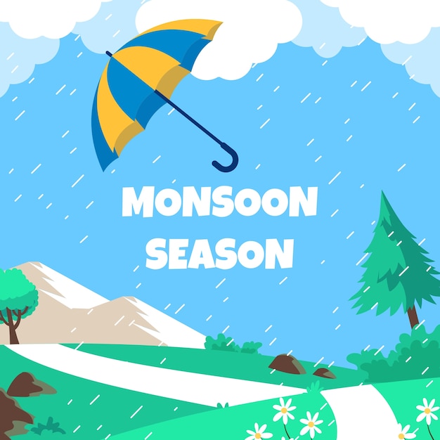 Vibrant Umbrella Amid Rainy Monsoon Landscape | Jiffy Designs