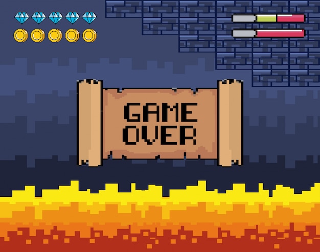 Retro Pixel Game Over Screen with Fiery Landscape | Jiffy Designs