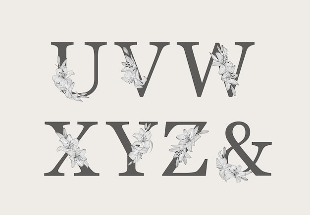 Floral Alphabet Letters UVW, XYZ in Vintage Monochrome Style | Jiffy ...