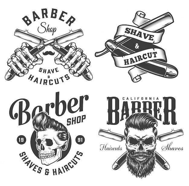 Vintage Barber Shop Emblems with Crossed Razors and Skull Motifs ...