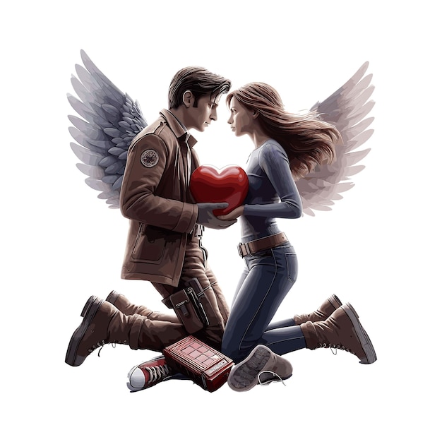 Winged Lovers Embracing, Holding a Glowing Heart | Jiffy Designs