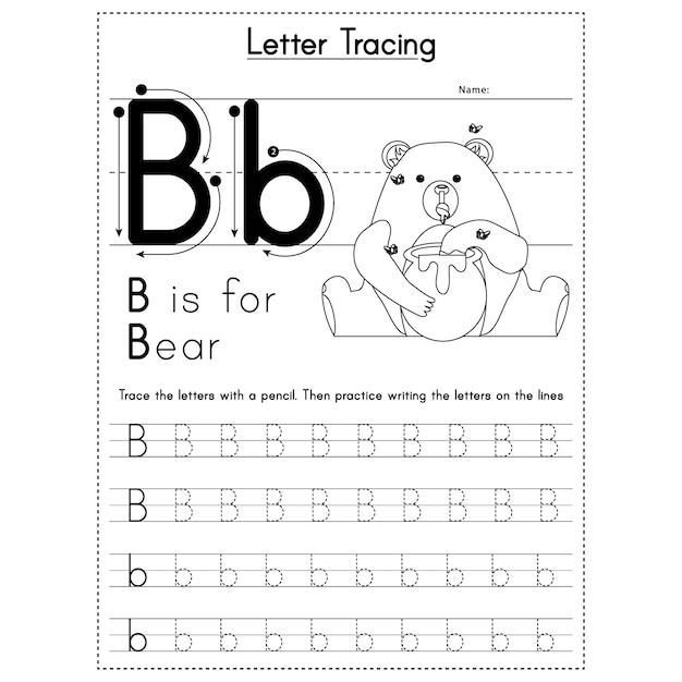 Playful Bear Tracing the Letter B in Black and White | Jiffy Designs