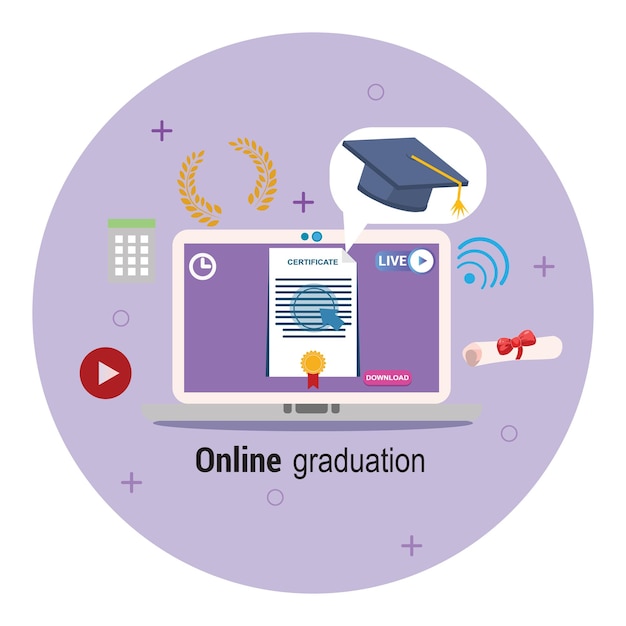Celebrating Virtual Commencement with Laptop and Graduation Cap | Jiffy ...
