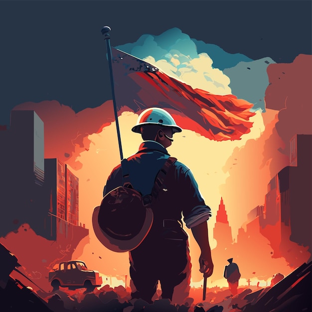 Heroic Soldier Stands Tall Amidst Fiery Cityscape | Jiffy Designs