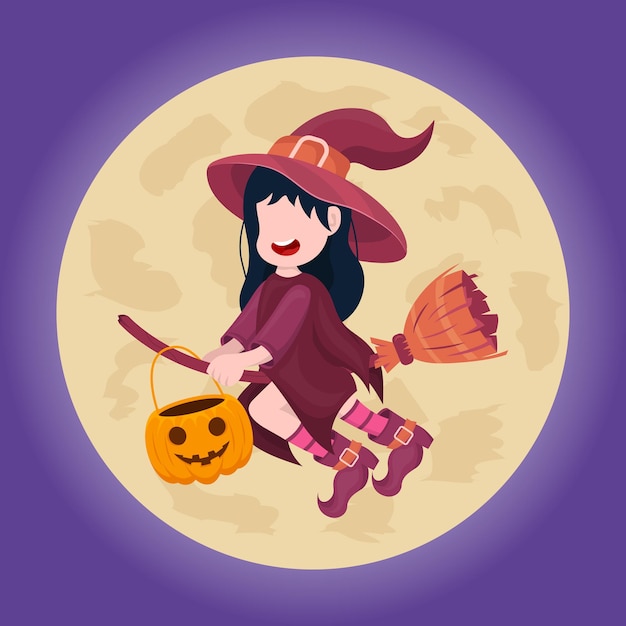 Cheerful Witch Riding Broomstick on Moonlit Night | Jiffy Designs