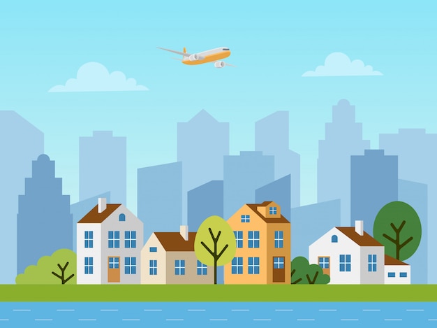 Vibrant Cityscape with Cozy Suburban Homes and Soaring Helicopter ...