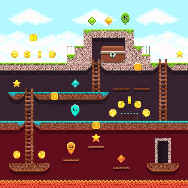 Vibrant Platformer World with Collectible Gems and Ladders | Jiffy Designs