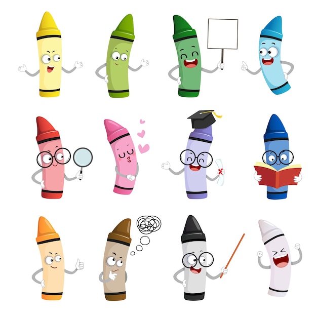 Lively Crayon Characters with Quirky Expressions and Accessories ...