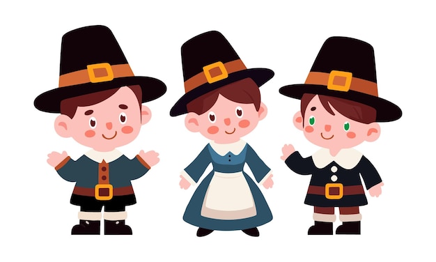Cheerful Pilgrim Family Celebrating Thanksgiving Holiday | Jiffy Designs