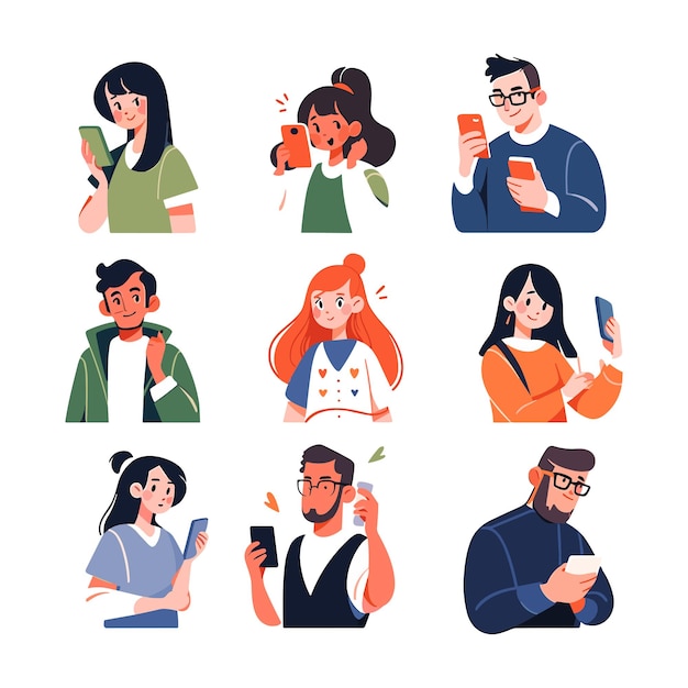 Diverse group of people using mobile phones in modern style | Jiffy Designs