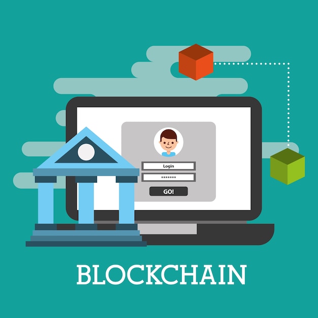 Blockchain Technology Illustration with House, Laptop and Geometric ...