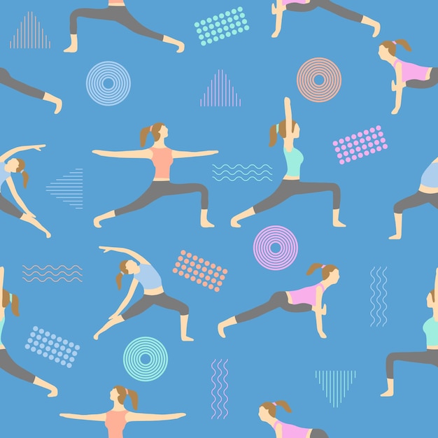 Vibrant Yoga Poses and Abstract Shapes on Serene Blue | Jiffy Designs