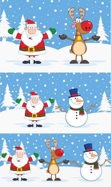Festive Collection of Santa, Reindeer, and Snowman in Snowy Wonderland ...