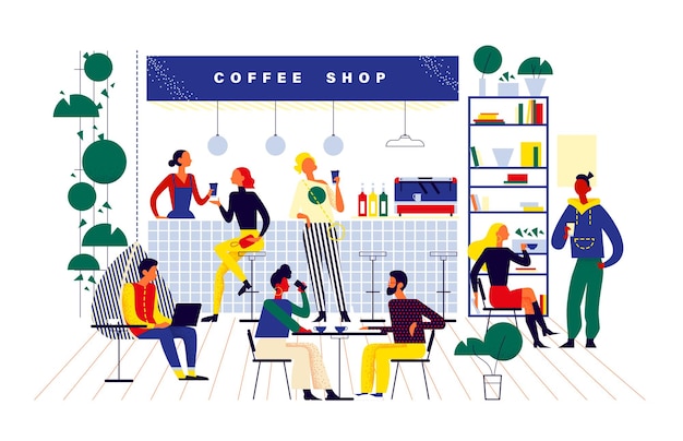 Vibrant Coffee Shop Atmosphere with Diverse Patrons | Jiffy Designs