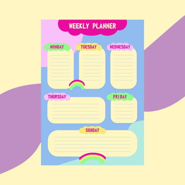 Vibrant Weekly Calendar with Whimsical Rainbow Design | Jiffy Designs