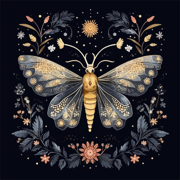 Ornate Golden Moth Amidst Mystical Floral Emblems | Jiffy Designs