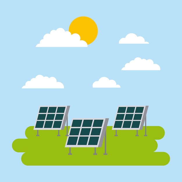 Solar Panel Farm Illustration with Sun and Clouds | Jiffy Designs