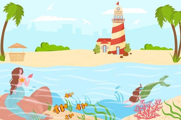 Vibrant Coastal Landscape with Lighthouse and Mermaid | Jiffy Designs