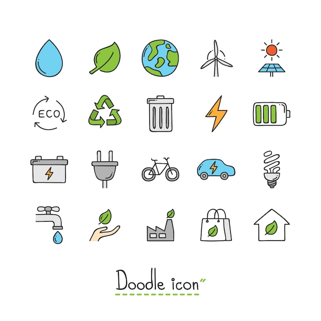 Eco-Friendly Doodle Icons Collection with Natural and Energy Elements ...