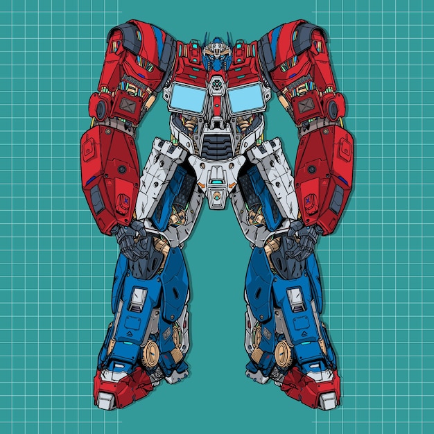 Colossal Mech Warrior in Bold Crimson and Azure Hues | Jiffy Designs