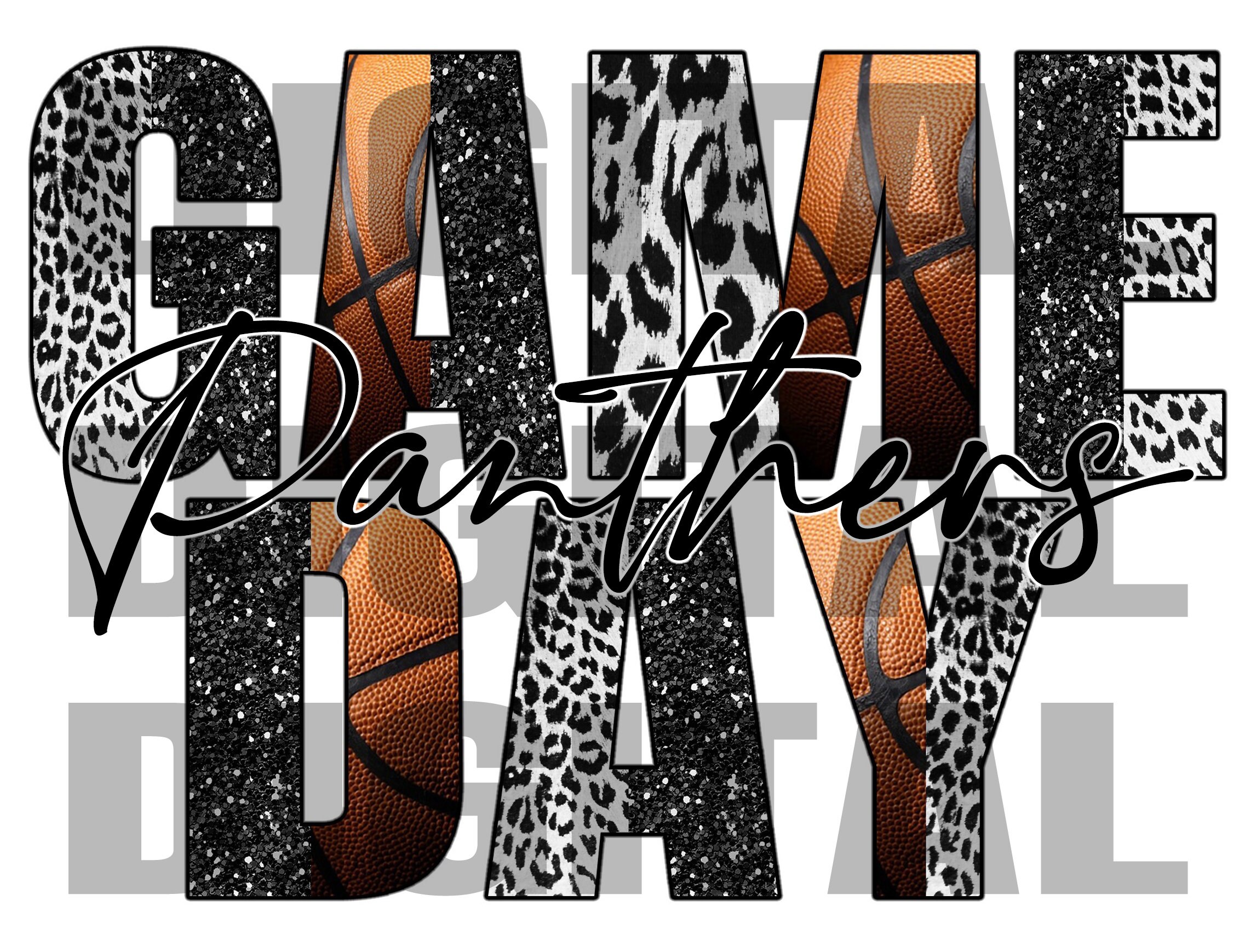'Game Day Panthers' Bold Text with Basketball and Leopard Print Accents ...