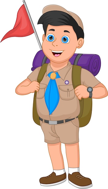 Cheerful Scout Boy Holding Red Flag and Backpack | Jiffy Designs