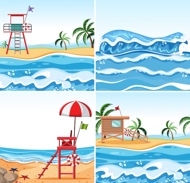 Vibrant Beach Scenes with Lifeguard Towers and Crashing Waves | Jiffy ...