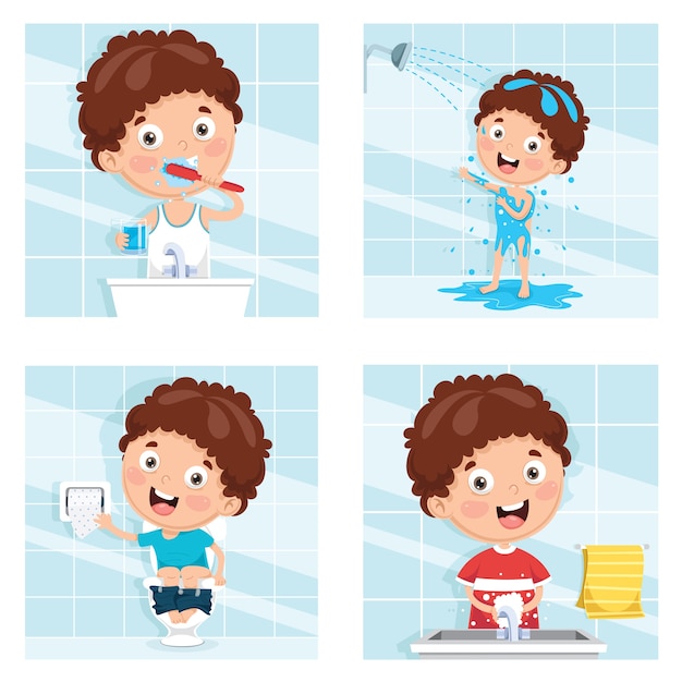 Cheerful Boy's Daily Routine Illustration Set with Bath Time | Jiffy ...