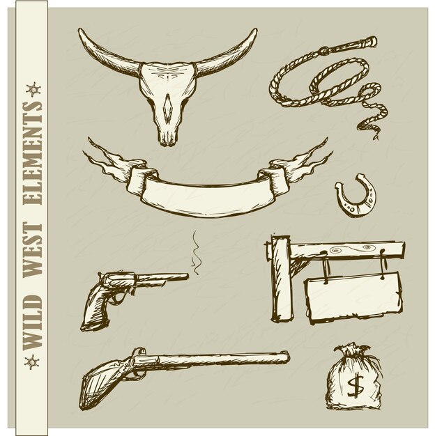 Vintage Western Frontier Icons: Skull, Gun, and Horseshoe | Jiffy Designs