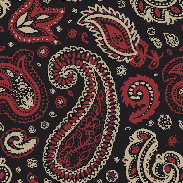 Intricate Red Paisley Pattern on Black Fabric Background | Jiffy Designs