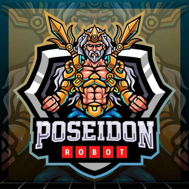 Powerful Poseidon Robot Mascot with Trident and Armor | Jiffy Designs