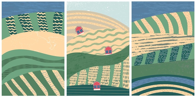 Geometric Landscape Scenes with Wavy Lines and Stylized Buildings ...