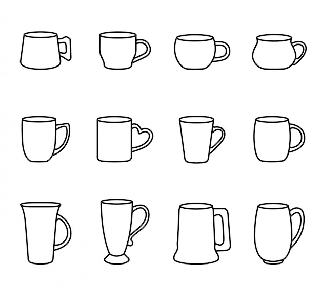Diverse Collection of Stylized Mugs and Cups in Minimalist Outline ...