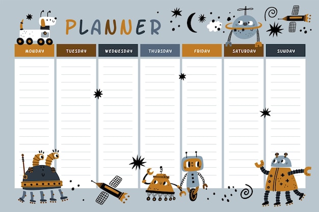 Whimsical Weekly Planner with Quirky Robot Characters | Jiffy Designs
