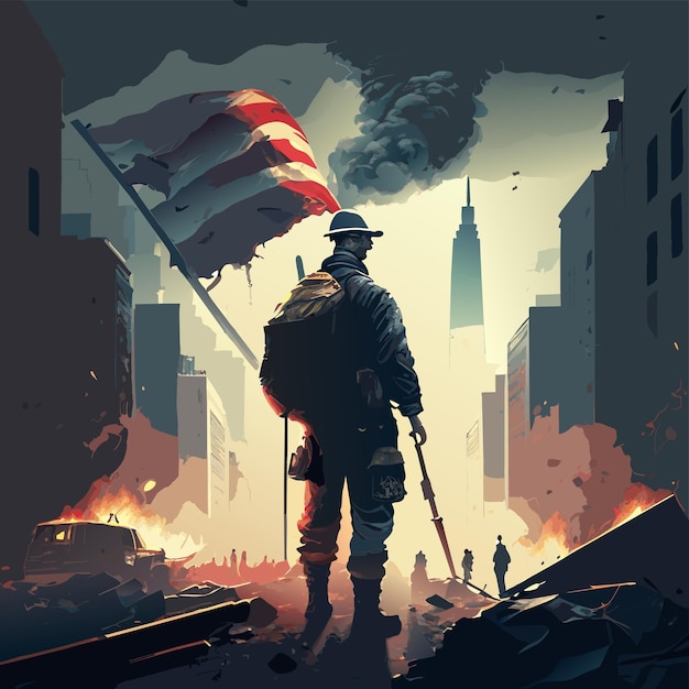 Heroic Soldier Stands Tall Amidst Urban Chaos | Jiffy Designs