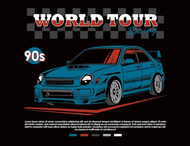 Retro 90s Sports Hatchback on World Tour Checkered Road | Jiffy Designs