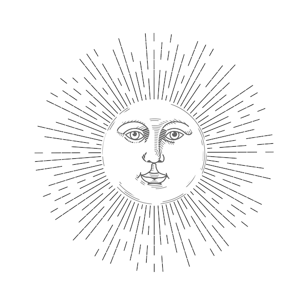 Radiant Sun Face with Intricate Ray Pattern in Vintage Style | Jiffy ...